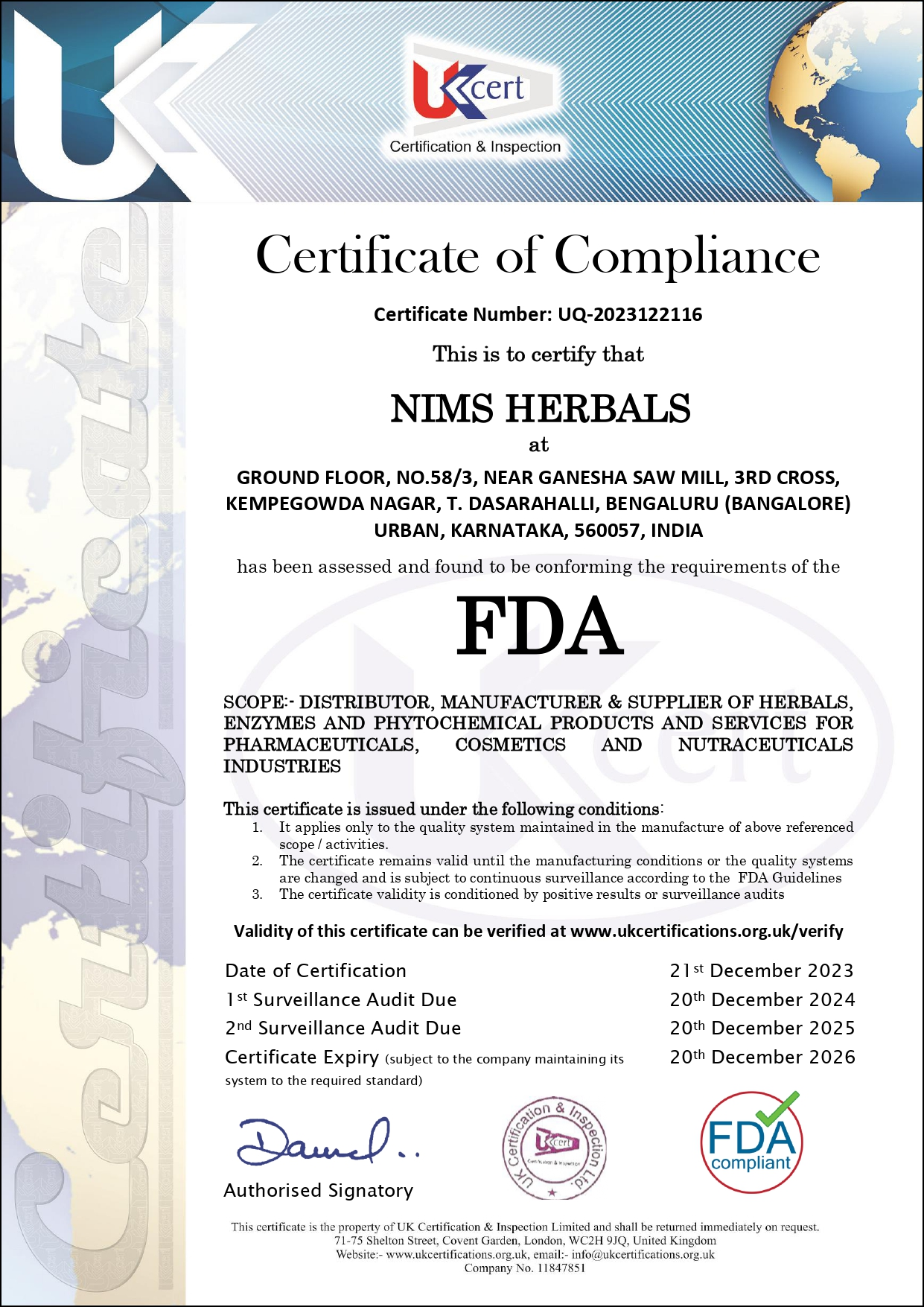 Certificate - Nims Herbals