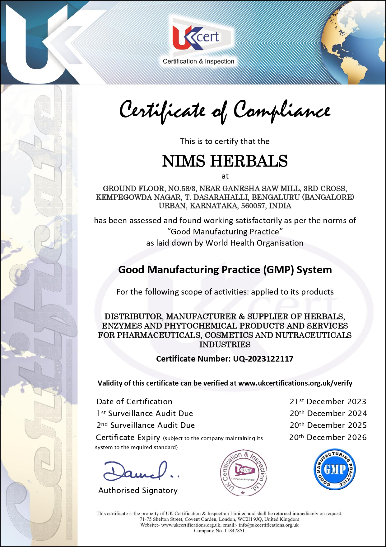 Certificate - Nims Herbals